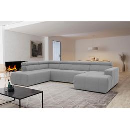 Wohnlandschaft DOMO collection "Brandon, whlw. mit Sitztiefenverstellung, inkl. Nierenkissen", grau (hellgrau), B:359cm H:80cm T:228cm, Kunstleder SOFTLUX;Luxus-Microfaser in Antikleder-Optik (100% Polyester);Luxus-Microfaser (100% Polyester), Sofas, mit Kopfteilverstellung, wahlweise Sitztiefenverstellung, U-Form