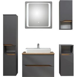 Badmöbel-Set SAPHIR "Quickset 5-teilig, Keramik-Aufsatzbecken mit LED-Spiegel", grau (quarzgrau matt touch, quarzgrau matt, akzent riviera eiche quer nb), Kastenmöbel-Sets, Midischrank, Unterschrank, Hängeschrank, inkl. Türdämpfer, 6 Türen