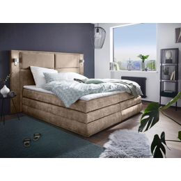 Boxspringbett Collection AB "Copenhagen", braun (mittelbraun), B:231cm L:215cm, Holzwerkstoff, Spanplatte, Komplettbetten, inklusive Bettkasten, Topper, wahlweise mit LED-Beleuchtung, Topseller