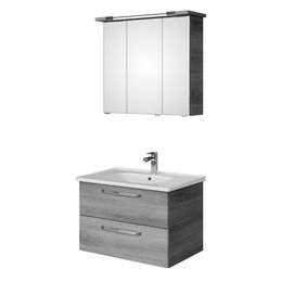 Badmöbel-Set SAPHIR "Trentino 2-teilig Keramik-Waschtisch, Spiegelschrank mit LED-Profil", grau (graphit struktur quer nb), Kastenmöbel-Sets, Badmöbel-Set 79cm breit, inkl. Türdämpfer, 3 Türen, 2 Auszügen