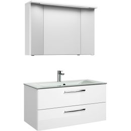Badmöbel-Set SAPHIR "Trentino 2-teilig Glas-Waschtisch, Spiegelschrank mit LED-Leuchte", weiß (weiß hochglanz), Kastenmöbel-Sets, Badmöbel-Set 107cm breit, inkl. Türdämpfer, 3 Türen, 2 Auszügen
