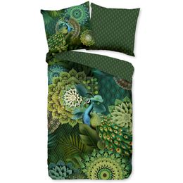 Wendebettwäsche HIP "Agatha", grün, B/L: 155cm x 220cm, 1 Stk., 1 Stk., Mako-Satin, B/L: 80cm x 80cm, 2 Stk., Mako-Satin, Obermaterial: 100% Baumwolle, Bettwäsche, Mako-Satin, Reißverschluss, Wendeoptik, Mandala, Pfau, Grün