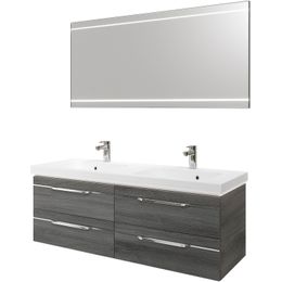 Badmöbel-Set SAPHIR "Balto 2-teilig Mineralmarmor-Doppelwaschtisch mit LED-Spiegel", grau (graphit struktur quer nachbildung mit chromeinlage), B:150cm H:200cm T:50,8cm, Spanplatte, Kastenmöbel-Sets, Waschplatz 150 cm breit, 4 Schubladen, inkl. Schubladendämpfer