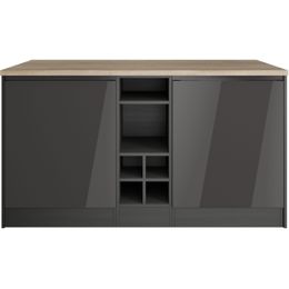 Kücheninsel KOCHSTATION "KS-Virginia", schwarz (küche: grau, front: grau hochglanz, korpus: grafitgrau, arbeitsplatte: eiche sonoma), B:153cm H:85cm T:100cm, Komplettküchen-Sets, Küchenzeile, Breite 153 cm, MDF-Fronten, Flaschenregal