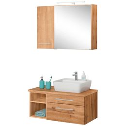 Badmöbel-Set Welltime "Davos", braun (eichefarben), Becken rechts, Kastenmöbel-Sets, Spiegelschrank mit extra Regal