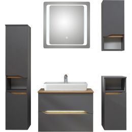 Badmöbel-Set SAPHIR "Quickset 5-teilig, Keramik-Aufsatzbecken mit LED-Spiegel", grau (quarzgrau matt touch, quarzgrau matt, akzent riviera eiche quer nb), Kastenmöbel-Sets, Midischrank, Unterschrank, Hängeschrank, inkl. Türdämpfer, 6 Türen