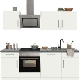 Wiho-Küchen Küchenzeile WIHO KÜCHEN "Cali - Küche mit E-Geräten - Komplett Set", weiß (küche: weiß, korpus: weiß glanz, arbeitsplatte: betongrau), B:220cm T:60cm, Komplettküchen-Sets, Küchenzeile, Breite 220cm, Küche mit Hanseatic E-Geräten, Topseller