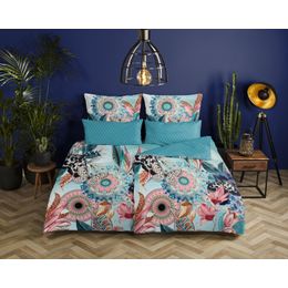 Wendebettwäsche HIP "MAXIMILIAN", blau (türkis), B/L: 200cm x 200cm, 1 Stk., 2 Stk., Satin, B/L: 80cm x 80cm & 80cm x 80cm, 3 Stk., Satin, Obermaterial: 100% Baumwolle, Bettwäsche, Mako-Satin, 135x200, Reißverschluss, Wendeoptik, Mandala, Türkis