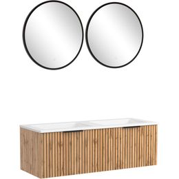 Badmöbel-Set Welltime "Welltime, Carlton Waschtisch-Set, 80 oder 120 cm, gestreift", schwarz (wotnaeiche, schwarz), Set 5: 3tlg. Waschtisch-Set 120cm: 2x Spiegel 60cm und Waschtischmit weißem Auflagebecken, Spanplatte, Kastenmöbel-Sets