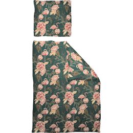 Bettwäsche Adam "Eden", bunt (dunkelgrün, rosa), B/L: 155cm x 220cm, 1 Stk., 1 Stk., Renforcé, B/L: 80cm x 80cm, 2 Stk., Renforcé, Obermaterial: 100% Baumwolle, Bettwäsche, GOTS zertifiziert - aus Bio-Baumwolle