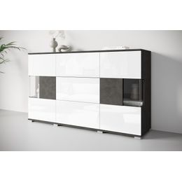 Sideboard Inosign "Kenia", schwarz-weiß (matera anthrazit, weiß hochglanz), B:150cm T:39,5cm, FSC-zertifizierter Holzwerkstoff, Glas, Hartfaserplatte, Kunststoff, Sideboards, Sideboard mit 3 Schubladen, 6 Fächern, Glastüren, Breite 150 cm