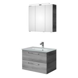 Badmöbel-Set SAPHIR "Trentino 2-teilig Glas-Waschtisch, Spiegelschrank mit LED-Leuchte", grau (graphit struktur quer nb), Kastenmöbel-Sets, Badmöbel-Set 77cm breit, inkl. Türdämpfer, 3 Türen, 2 Auszügen