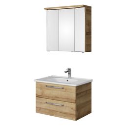 Badmöbel-Set SAPHIR "Trentino 2-teilig Keramik-Waschtisch mit LED-Spiegelschrank", braun (riviera eiche quer nb), Kastenmöbel-Sets, Badmöbel-Set 79cm breit, inkl. Türdämpfer, 3 Türen, 2 Auszügen