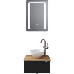 Badmöbel-Set SAPHIR "Serie 6915", schwarz (schwarz matt select, halifax eiche), B:51cm H:200cm T:35cm, Kastenmöbel-Sets, Gäste-Bad, 51 cm breit, mit LED-Spiegel und 1 Tür