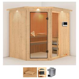 Sauna Karibu "Frigga 2", beige (naturbelassen), Bio-Kombiofen, externe Steuerung, 9 kW, Saunen, Ofen 9 kW Bio externe Strg easy