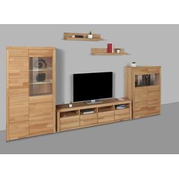 Wohnwand Home Affaire "Silkeborg", beige (kernbuche teilmassiv), Holzwerkstoff Kernbuchefarben (Korpus)/ Massivholz Kernbuche (Front), Holz teilmassiv, Kastenmöbel-Sets, teilmassiv mit schöner, griffloser Optik