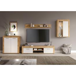 Wohnwand Inosign "Aosta, 4-tlg., best. aus: Highboard, Lowboard, Wandboard & Vitrine", weiß (wotan eiche nachbildung, weiß), B:330cm H:169cm T:40cm, Holzwerkstoff, Kastenmöbel-Sets, Wohnwand, Kombination, Anbauwand, Möbel Set, Schrankwand, Möbel Kombi