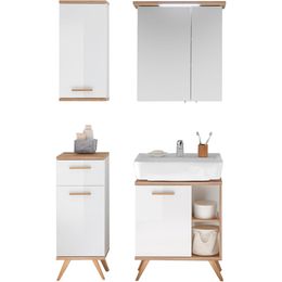 Badmöbel-Set SAPHIR "Quickset 4-teilig, Waschbeckenunterschrank mit LED-Spiegelschrank", weiß (front weiß glanz, front weiß glanz, riviera eiche quer nb), B:96cm T:33cm, Glas, Spanplatte, Kastenmöbel-Sets, Unterschrank, Hängeschrank, inkl. Türdämpfer, 5 Türen, 1 Schublade