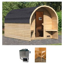 Fasssauna Karibu "Fasshaus 3", beige (naturbelassen), Saunaofen, externe Steuerung, 9 kW, Saunen, 9-kW-Ofen mit externer Steuerung
