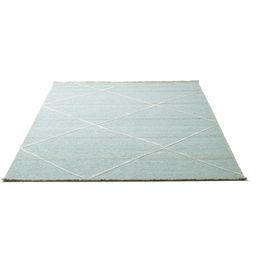 Teppich Sansibar "Braderup", blau (hellblau), B:80, Schurwolle, Teppiche, Fransenteppich, Flachgewebe, modernes Scandi Design, Motiv Rauten, mit Fransen