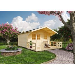 Gartenhaus Konifera "Kallenberg 3", beige (naturbelassen), Fußboden im Gartenhaus, Dachfolie, Holzwerkstoff, Gartenhäuser, mit Vordach und Terrasse