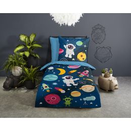 Kinderbettwäsche "Planets", blau, B/L: 135cm x 200cm, 1 Stk., 1 Stk., Microfaser, B/L: 80cm x 80cm, 2 Stk., Microfaser, Obermaterial: 100% Polyester, PURE LUXURY COLLECTION, Bettwäsche, 135x200, Pflegeleicht, Reißverschluss, Wende, Kind Junge, Weltall Blau