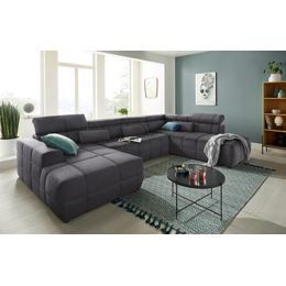 Wohnlandschaft DOMO collection "Brandon, whlw. mit Sitztiefenverstellung, inkl. Nierenkissen", grau (dunkelgrau), B:359cm H:80cm T:228cm, Kunstleder SOFTLUX;Luxus-Microfaser in Antikleder-Optik (100% Polyester);Luxus-Microfaser (100% Polyester), Sofas, mit Kopfteilverstellung, wahlweise Sitztiefenverstellung, U-Form