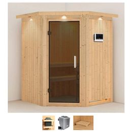 Sauna Karibu "Larin", beige (naturbelassen), Bio-Kombiofen, externe Steuerung, 9 kW, Saunen, 9 KW-Bio-Ofen mit externer Steuerung