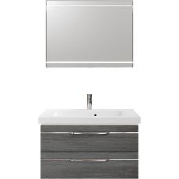 Badmöbel-Set SAPHIR "Balto 2-teilig Mineralmarmor-Waschtisch mit LED-Spiegel, Waschplatz", grau (graphit struktur quer nachbildung mit chromeinlage), B:92cm H:200cm T:50,8cm, Spanplatte, Kastenmöbel-Sets, 92 cm breit, mit 2 Schubladen, Badschrank inkl. Schubladendämpfer