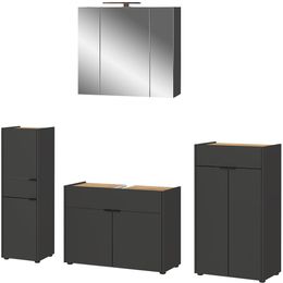 Badmöbel-Set Germania "Ameca", grau (graphit, navarra, eiche, nachbildung), B:200cm H:200cm T:34cm, Glas, Spanplatte, Kastenmöbel-Sets, Badezimmer-Set: Waschbeckenunterschr., Spiegelschr., Kommode & Schrank