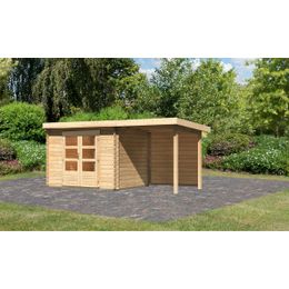 Gartenhaus Karibu "Schloßsee 3", beige (naturbelassen), ohne Fußboden, Rückwand, ohne Dacheindeckung, Holzwerkstoff, Gartenhäuser, mit Anbaudach und Rückwand
