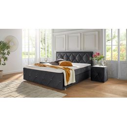 Boxbett LEONIQUE "Alfie, Topseller Inkl. Bettkasten&Topper", schwarz, L:211cm, Holzwerkstoff, Spanplatte, Komplettbetten, Wahlweise mit Knopfsteppung oder Strasssteinen, H2, H3 und H4 wählbar, Topseller
