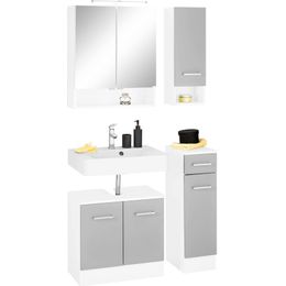 Badmöbel-Set Welltime "Ribera", grau (weiß, hellgrau), Holzwerkstoff, MDF, Melamin, Kastenmöbel-Sets, Spiegelschrank, Waschplatz, Hängeschrank, Unterschrank