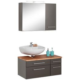 Badmöbel-Set Welltime "Davos", grau (graphit, grau), Siphonausschnitt links, Holzwerkstoff, MDF, Melamin, Kastenmöbel-Sets, mit LED-Beleuchtung, Hängeschrank und Waschbeckenunterschrank
