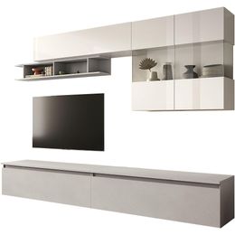 Wohnwand Inosign "INFINITY, 5tlg. Breite 276 cm, moderne Mediawand", weiß (weiß hochglanz lack, kreidegrau (gesso), bleigrau (piombo)), B:276cm H:202cm T:40cm, Kastenmöbel-Sets, (2x Lowboard, Hängevitrine, Wandregal, Hängeschrank)
