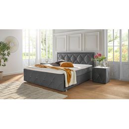 Boxbett LEONIQUE "Alfie, Topseller Inkl. Bettkasten&Topper", grau (anthrazit), L:211cm, Holzwerkstoff, Spanplatte, Komplettbetten, Wahlweise mit Knopfsteppung oder Strasssteinen, H2, H3 und H4 wählbar, Topseller