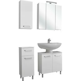 Badmöbel-Set SAPHIR "Quickset 4-teilig, Waschbeckenunterschrank mit LED-Spiegelschrank", weiß (weiß glanz), B:98cm H:200cm T:33cm, Spanplatte, Kastenmöbel-Sets, Unterschrank, Hängeschrank, inkl. Türdämpfer, Griffe Chrom Glanz