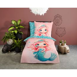 Kinderbettwäsche Good Morning "Alisse", blau (türkis), B/L: 135cm x 200cm, 1 Stk., 1 Stk., Renforcé, B/L: 80cm x 80cm, Garnitur: 2 Stk., Renforcé, Obermaterial: 100% Baumwolle, Bettwäsche, Baumwolle, 135x200, Reißverschluss, Wende, Kind, Mädchen Meerjungfrau