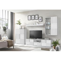 Wohnwand Inosign "Dama, 4tlg.Breite 300 cm, Höhe 200 cm, moderne Anbauwand in 3D-Optik", grau (eucalipto), Kastenmöbel-Sets, (Lowboard, Stauraumschrank, Hängevitrine, Wandboard) viel Stauraum