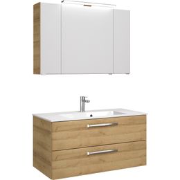 Badmöbel-Set SAPHIR "Trentino 2-tlg Mineralmarmor-Waschtisch, Spiegelschrank mit LED-Profil", braun (riviera eiche quer nb), Kastenmöbel-Sets, Badmöbel-Set 110cm breit, inkl. Türdämpfer, 3 Türen, 2 Auszügen