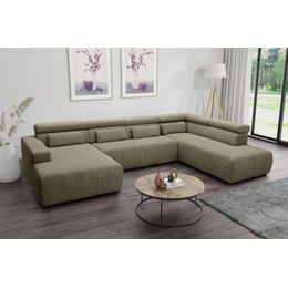 Wohnlandschaft DOMO collection "Brandon, whlw. mit Sitztiefenverstellung, inkl. Nierenkissen", braun (schlamm), B:359cm H:80cm T:228cm, Kunstleder SOFTLUX;Luxus-Microfaser in Antikleder-Optik (100% Polyester);Luxus-Microfaser (100% Polyester), Sofas, ohne Sitztiefenverstellung, Cord, schlamm