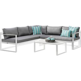 Loungeset Best "Rhodos", weiß (weiß – grau,), B:212cm T:70cm, Aluminium, Polyester, Sitzmöbel-Sets, Bestehend aus 2 Sitzbänken, 1 Tisch und 12 Kissen