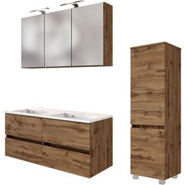 Badmöbel-Set Welltime "Welltime Möbel Baabe Waschtisch-Set 3tlg. oder 5tlg.", braun (wotaneiche), Set 4 3tlg.: Waschtisch 120cm breit, Spiegelschrank 120cm breit, Midischrank, Holzwerkstoff, Kastenmöbel-Sets, gedämpfte Scharniere und Softclose-Funktion, inklusive LED-Beleuchtung