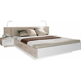 Schlafzimmer-Set FORTE "Rondino, Bett + 2 Nachttische+ LED, gepolstertes Kunstleder Kopfteil", bunt (sandeichefarben, weiß hochglanz), B:286cm H:92cm T:237cm, Holzwerkstoff, Schlafzimmermöbel-Sets, Bettgestell, Hochglanz mit Sandeiche, wahlweise mit Bettbank, Topseller