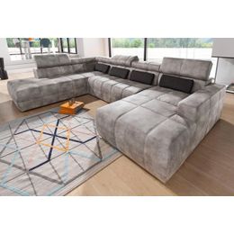 Wohnlandschaft DOMO collection "Brandon, whlw. mit Sitztiefenverstellung, inkl. Nierenkissen", grau (grau, braun), B:359cm H:80cm T:228cm, Kunstleder SOFTLUX;Luxus-Microfaser in Antikleder-Optik (100% Polyester);Luxus-Microfaser (100% Polyester), Sofas, mit Kopfteilverstellung, wahlweise Sitztiefenverstellung, U-Form, Topseller