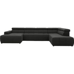 Wohnlandschaft DOMO collection "Brandon, whlw. mit Sitztiefenverstellung, inkl. Nierenkissen", schwarz, B:359cm H:80cm T:228cm, Kunstleder SOFTLUX;Luxus-Microfaser in Antikleder-Optik (100% Polyester);Luxus-Microfaser (100% Polyester), Sofas, mit Kopfteilverstellung, wahlweise Sitztiefenverstellung, U-Form