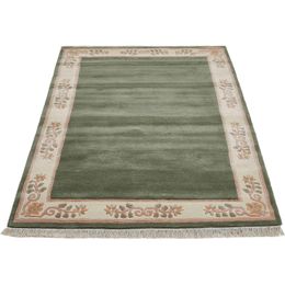 Wollteppich LUXOR living "Adour" Gr. 1, grün, B:60cm H:18mm L:90cm, Schurwolle, Teppiche, Fransenteppich, reine Wolle, handgeknüpft, mit Bordüre und Fransen, Wohnzimmer
