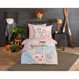 Kinderbettwäsche Good Morning "Josy", bunt (multi), B/L: 135cm x 200cm, 1 Stk., 1 Stk., Biber,Flanell, B/L: 80cm x 80cm, Garnitur: 2 Stk., Biber;Flanell, Obermaterial: 100% Baumwolle, Bettwäsche, Biber, 135x200, Warm, Reißverschluss, Wendeoptik, Mädchen Kind, Hirsch
