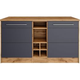 Kücheninsel KOCHSTATION "KS-Wien", grau (küche: grau, front: anthrazit, korpus: wotaneichefarben, arbeitsplatte: wotaneichefarben), B:153cm H:85cm T:100cm, Komplettküchen-Sets, Küchenzeile, Breite 153 cm, MDF-Fronten, Flaschenregal