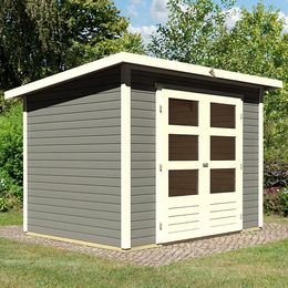 Gartenhaus Karibu "Stockach 3", grau (terragrau), Fußboden im Gartenhaus, ohne Dacheindeckung, Holzwerkstoff, Gartenhäuser, naturbelassen, terragrau oder anthrazit